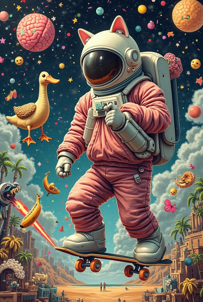 Make a chaotic visual collage, colorful and surreal, that represents ...