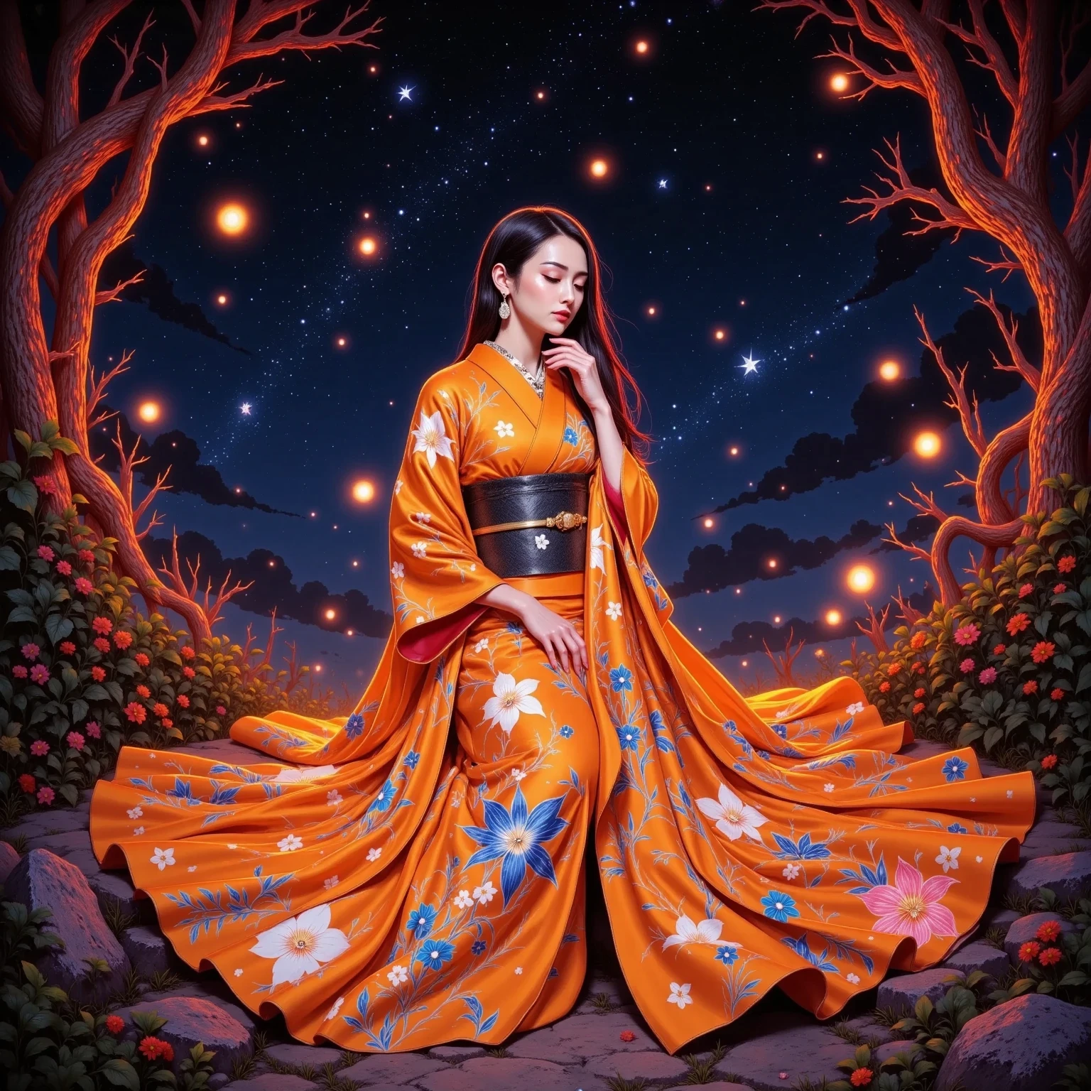 Gorgeous women wear orange kimonos、I'm in a special forest square - SeaArt AI