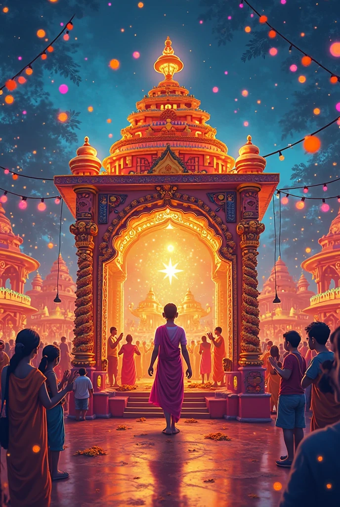 > "A vibrant cartoon-style Durga Puja pandal decorated with bright ...