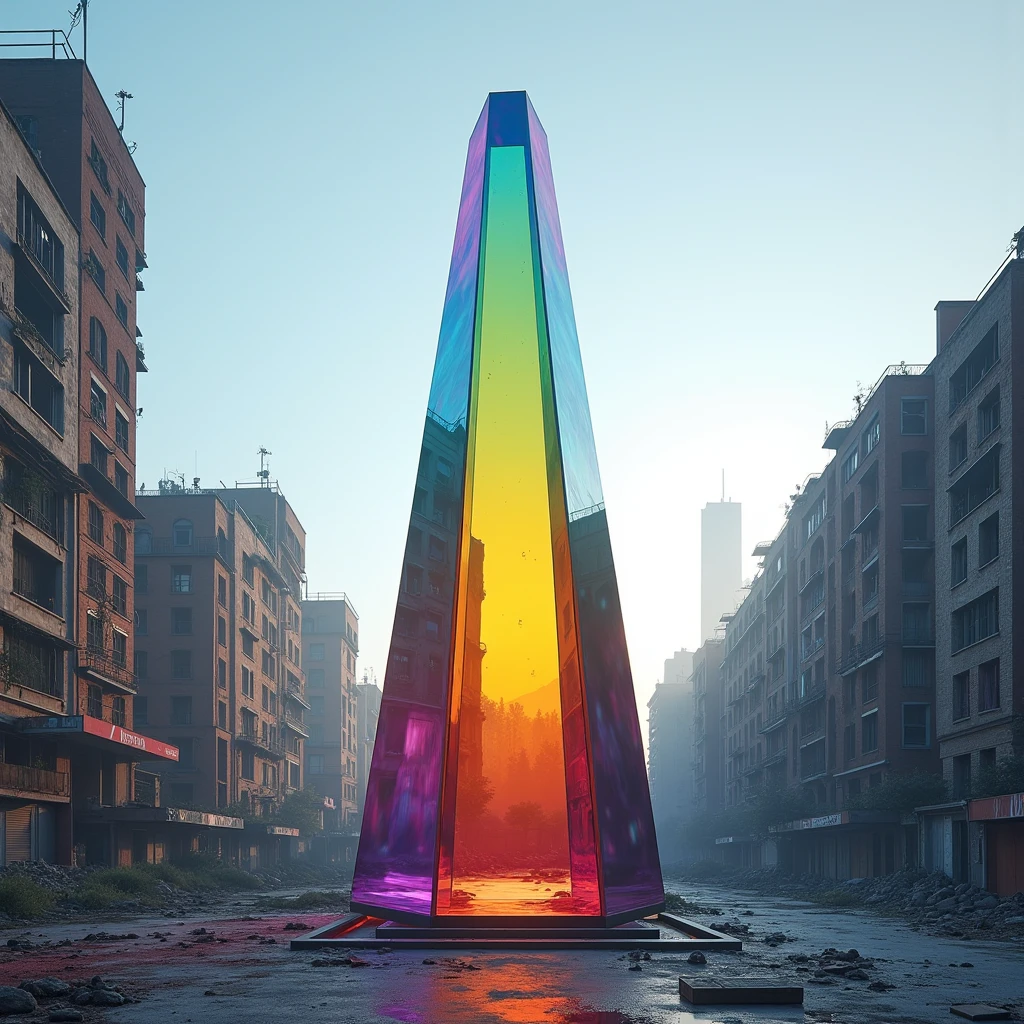 Glass rainbow obelisk on a vacant lot in noisy low quality - SeaArt AI