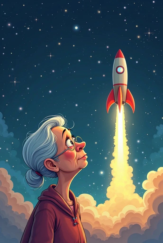 "The rocket flying into space, with the grandma standing below - SeaArt AI