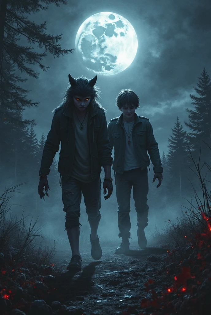 A dark, cinematic digital artwork showing two teenagers mid ...