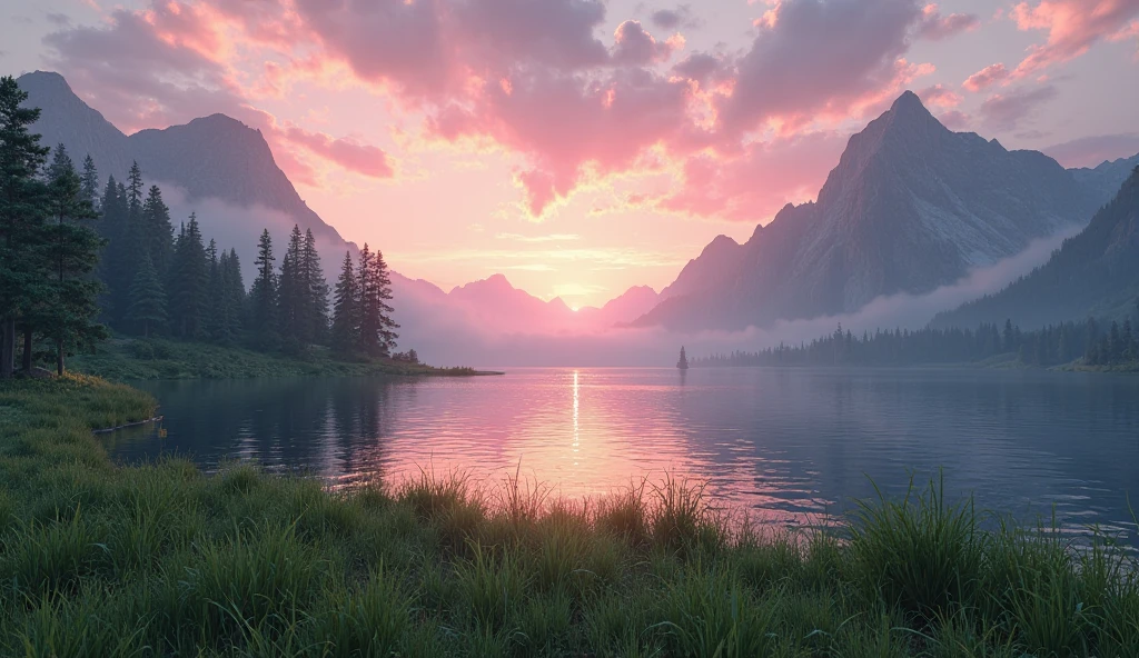 A highly realistic landscape at sunset featuring a calm lake with a ...