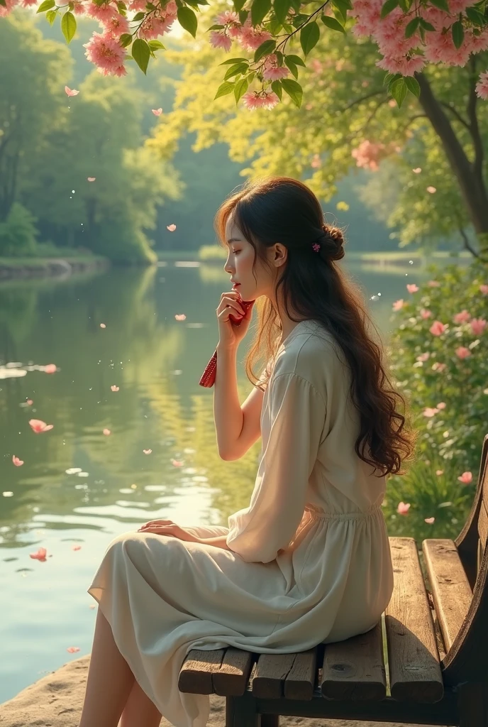 A young woman is sitting on a bench while brushing up her hair and a ...