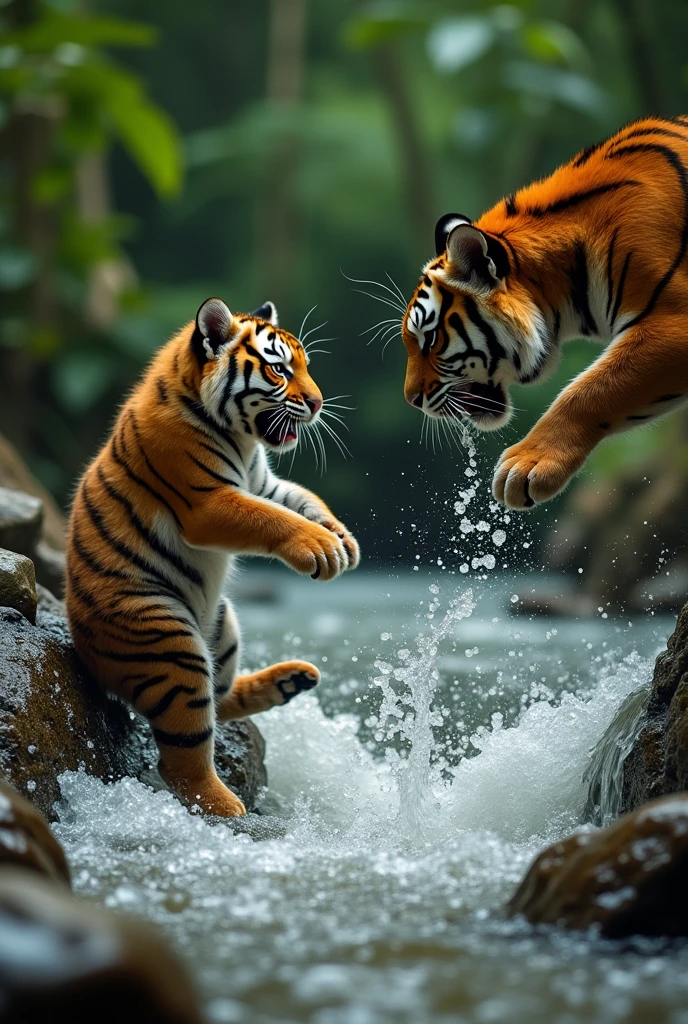 "A baby tiger standing near the edge of a wild forest river, looking ...