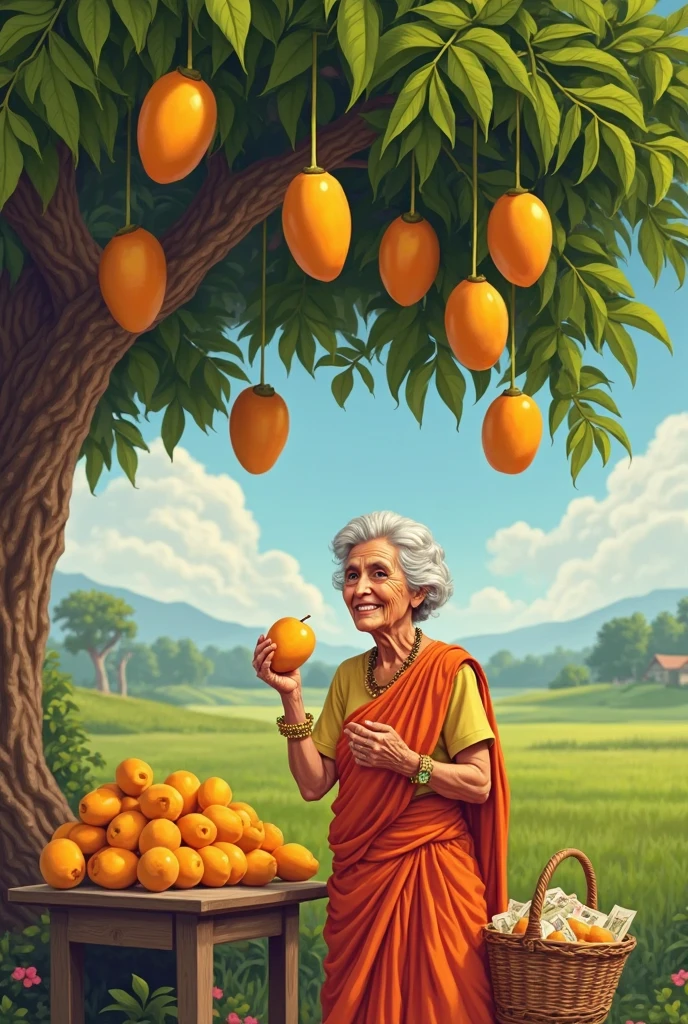 A kind old grandmother standing under a big mango tree full of ripe ...
