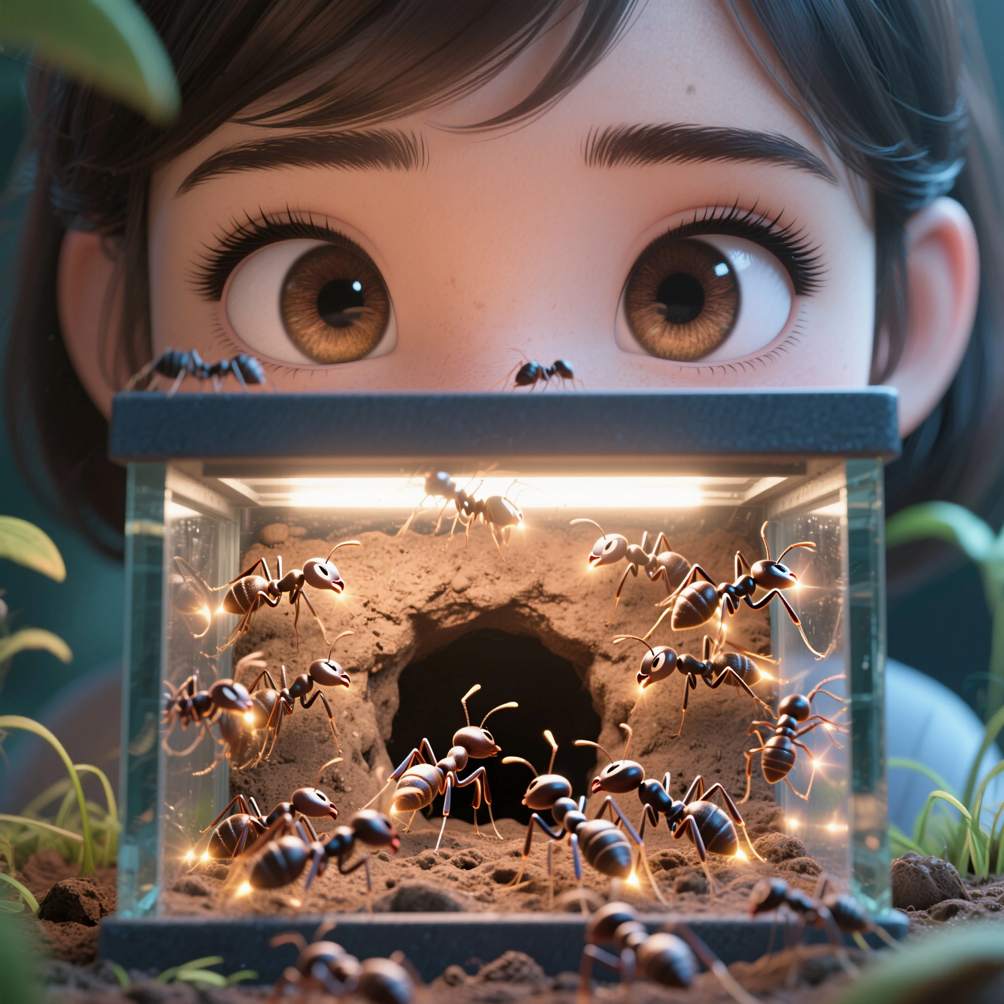 Close up, ((close up, an ant terrarium, the ants are glowing as they ...