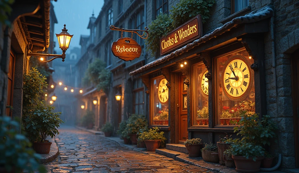“An old magical clock shop on a quiet cobblestone street at twilight ...