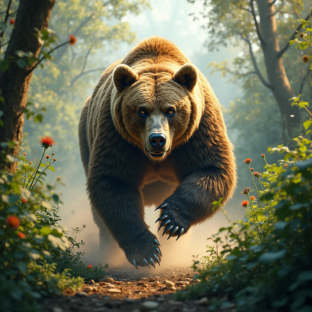 Wild big grizzly bear running in slow motion towards the front in ...