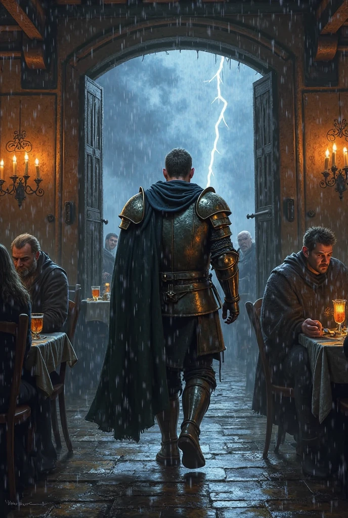 A knight comes to a tavern at night during a thunderstorm - SeaArt AI
