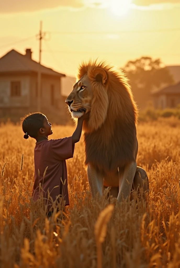 Lion playing gently with village children in a rural setting - SeaArt AI