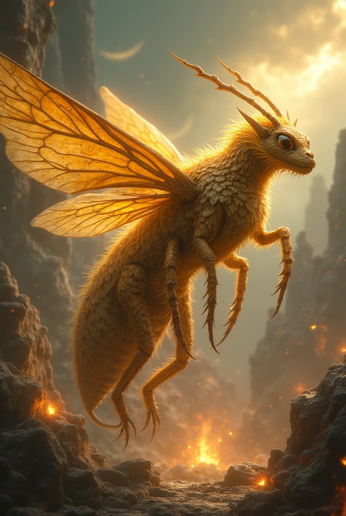 A fantasy hybrid creature combining a bee and a dragon, with a majestic ...