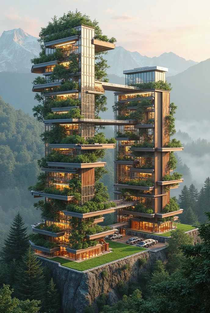 A modern split-type vertical farming facility in a mountain setting ...