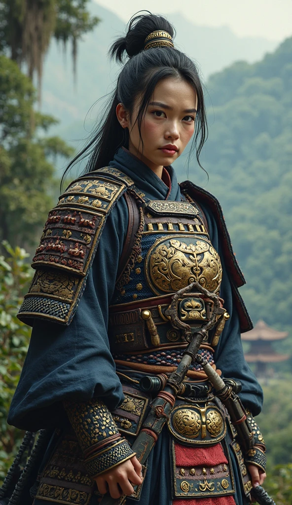 Full body shot, onna-bugeisha with katana sword in hand next to face ...
