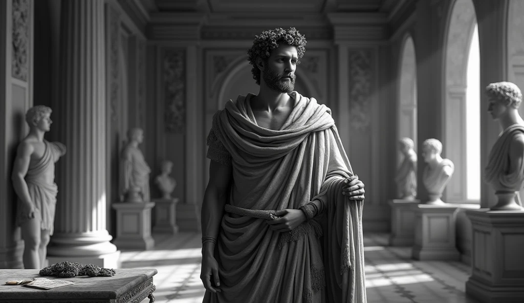 Black and white ultra-realistic image of Marcus Aurelius standing in a ...