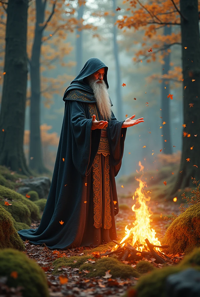 Create an RPG-style wizard in a forest, with bonfire and falling leaves ...