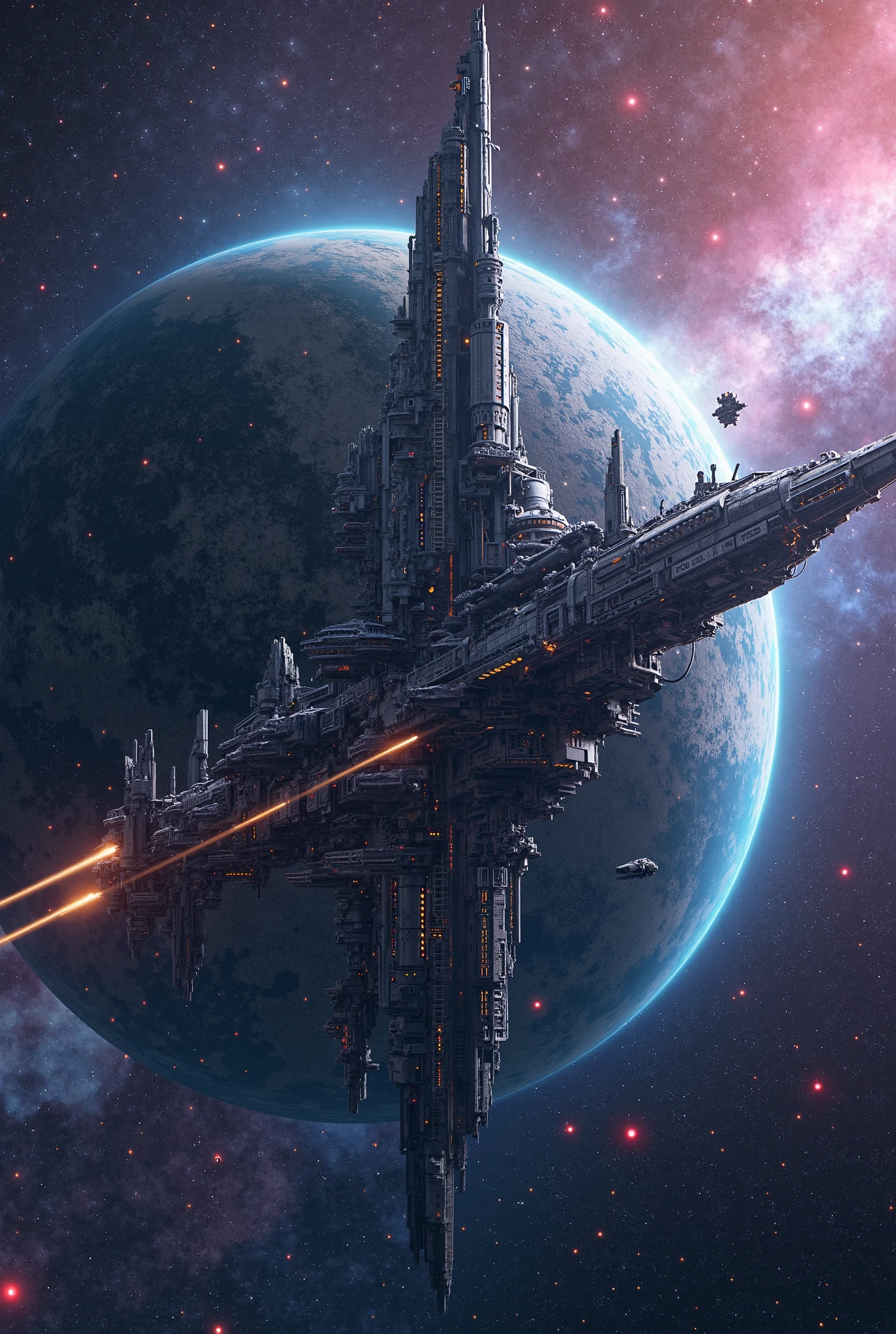 "A giant space station revolves around an uninhabited dark blue planet ...