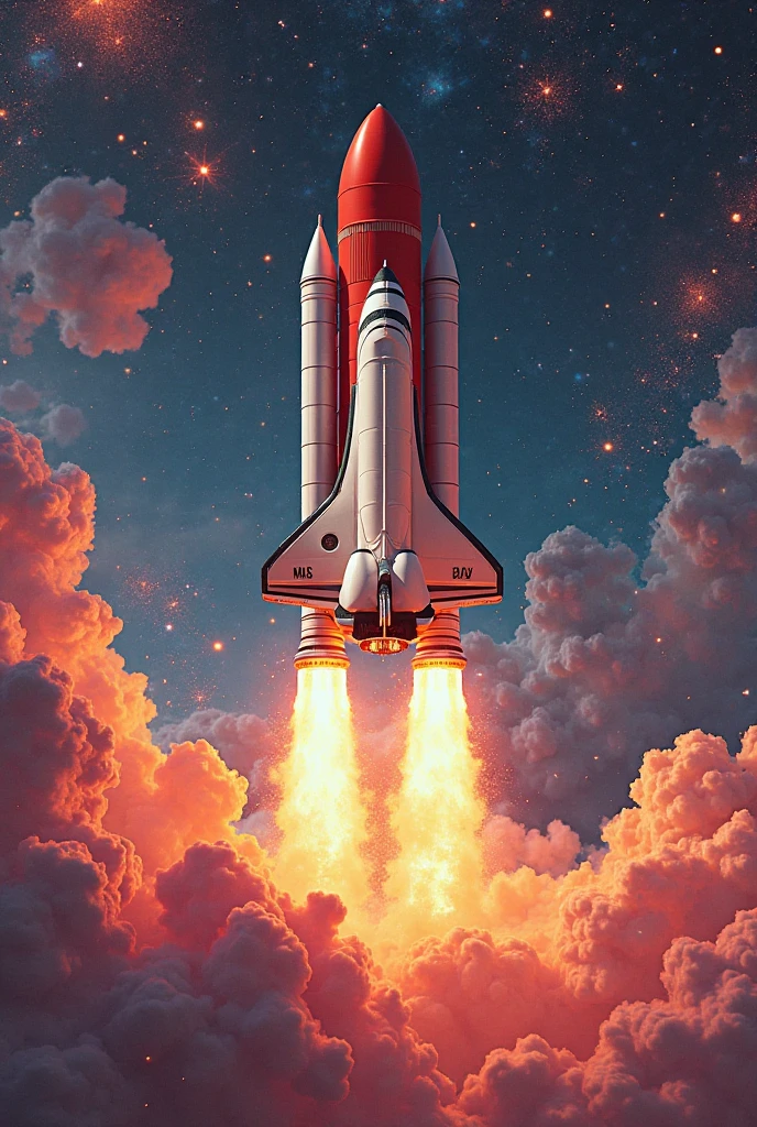 Draw a red space shuttle launched from the 70s in an active space Sayko ...