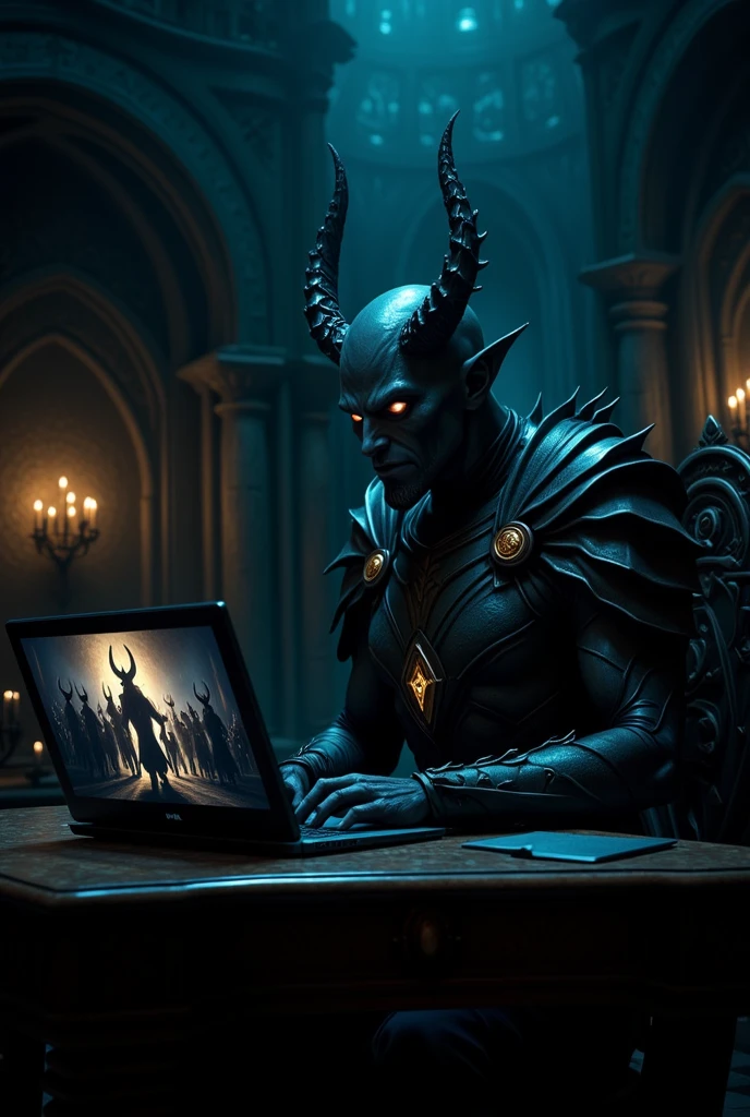 A dark and intimidating demon lord sitting alone in a dimly lit gothic ...