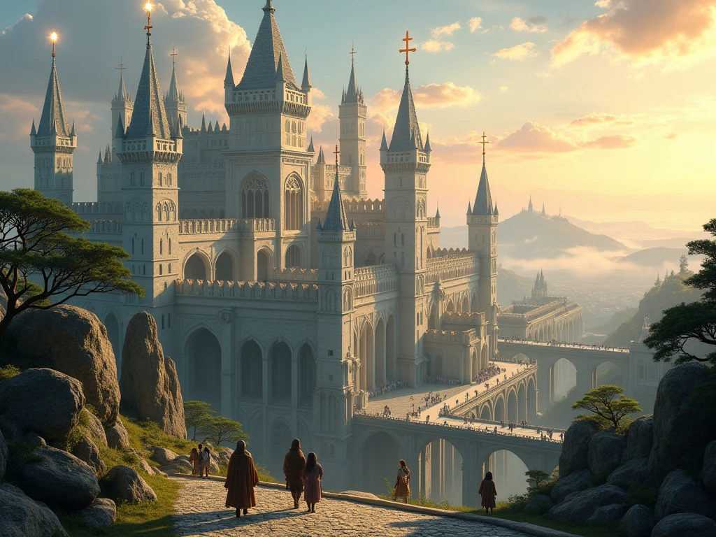 A majestic castle blending human and elven architecture, with seven ...