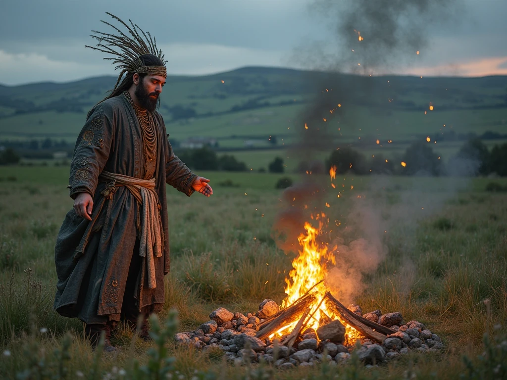 A shaman dancing around a campfire at dusk, on a pasture in Ireland ...