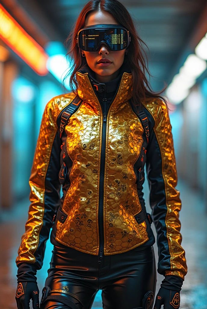 A person wearing a sleek, futuristic Bitcoin-inspired outfit - SeaArt AI