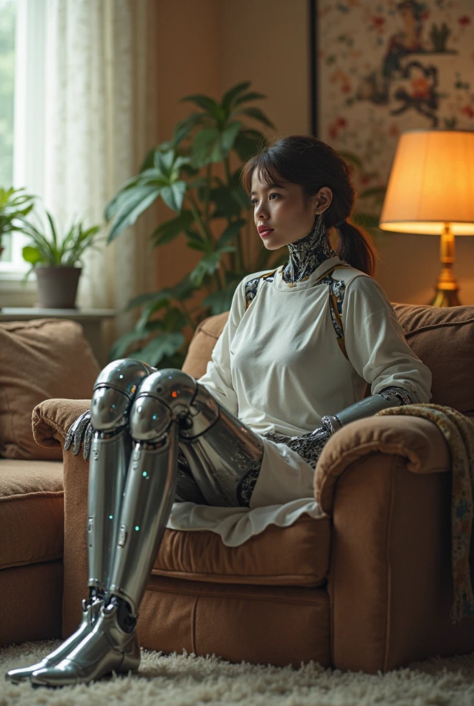 A woman with cyborg legs at home - SeaArt AI