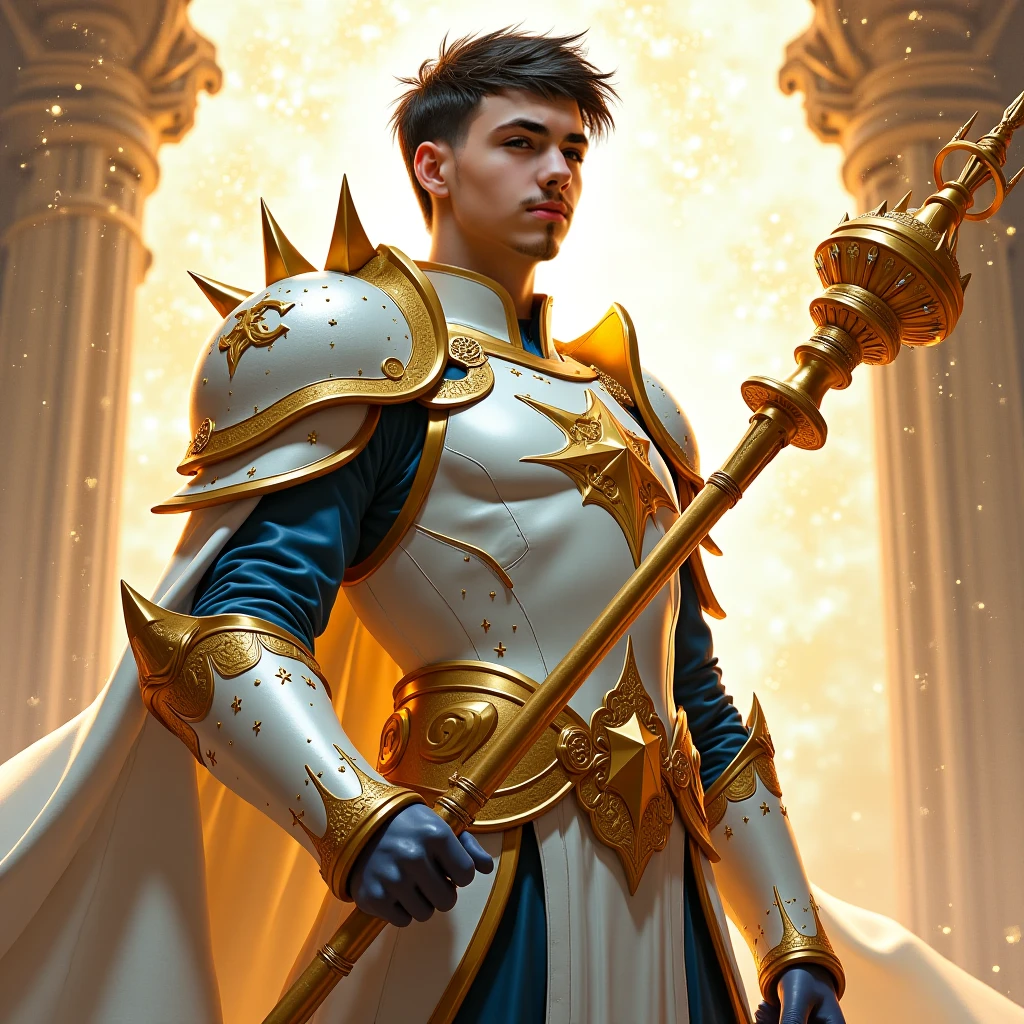 Low-angle dynamic fantasy portrait of a young man with short dark hair ...