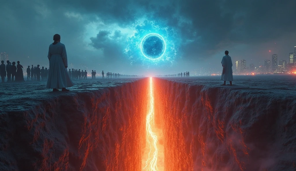 A dramatic, cinematic sci-fi scene showing a massive glowing rift ...