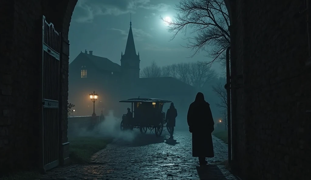 A wide cinematic night shot of a mysterious black carriage arriving at ...