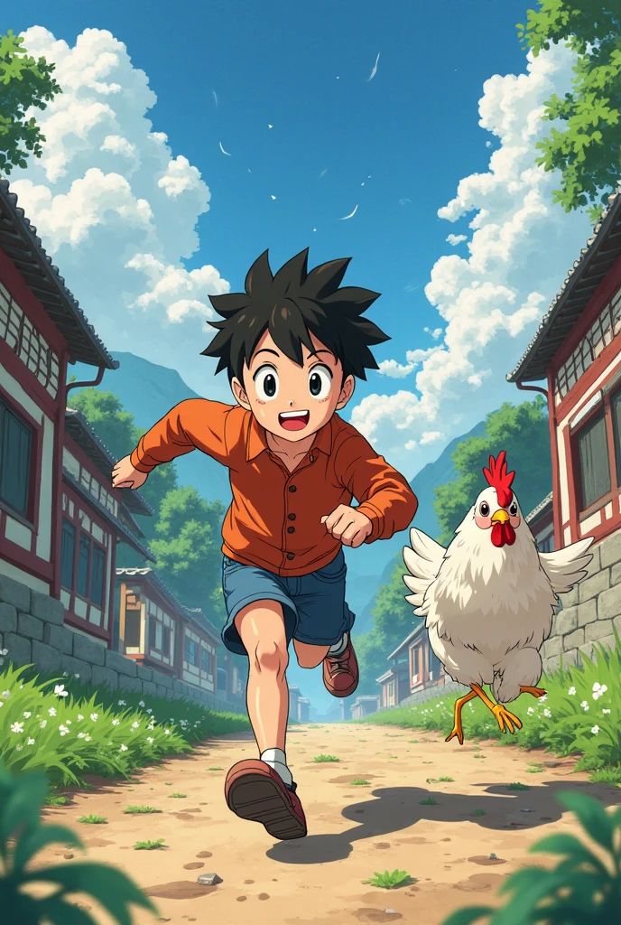 An anime boy running with hen - SeaArt AI