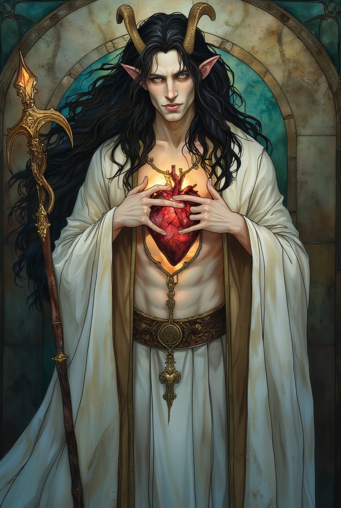 Male, half-demon, half-human, 20 years old, long black hair, emerald ...