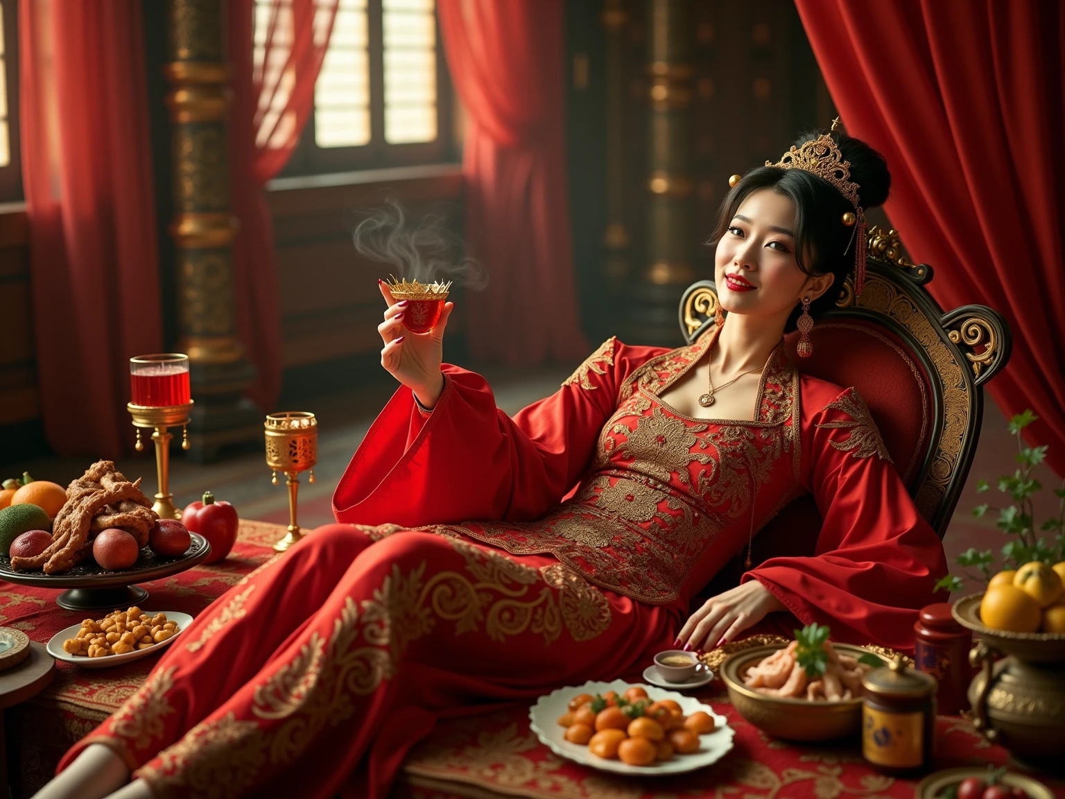 A decadent, elegant woman inspired by Yang Guifei lies languidly on an ...