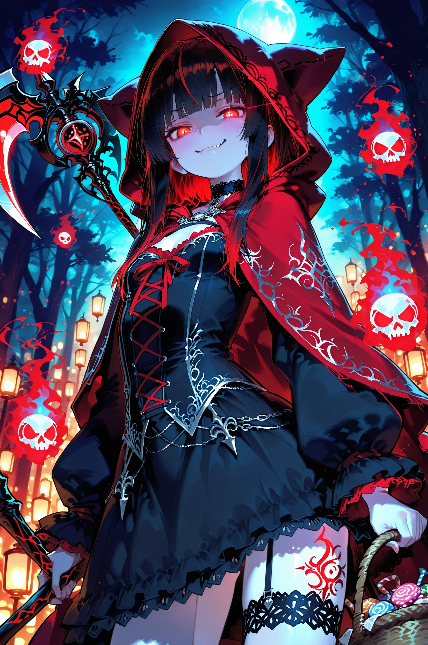 Anime style, low-angle medium close-up of a sinisterly smiling red ...