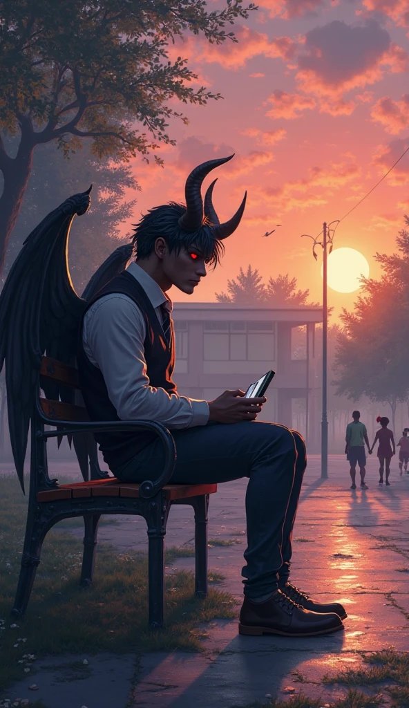A corner of a large schoolyard、the demon king who is alone on the bench ...