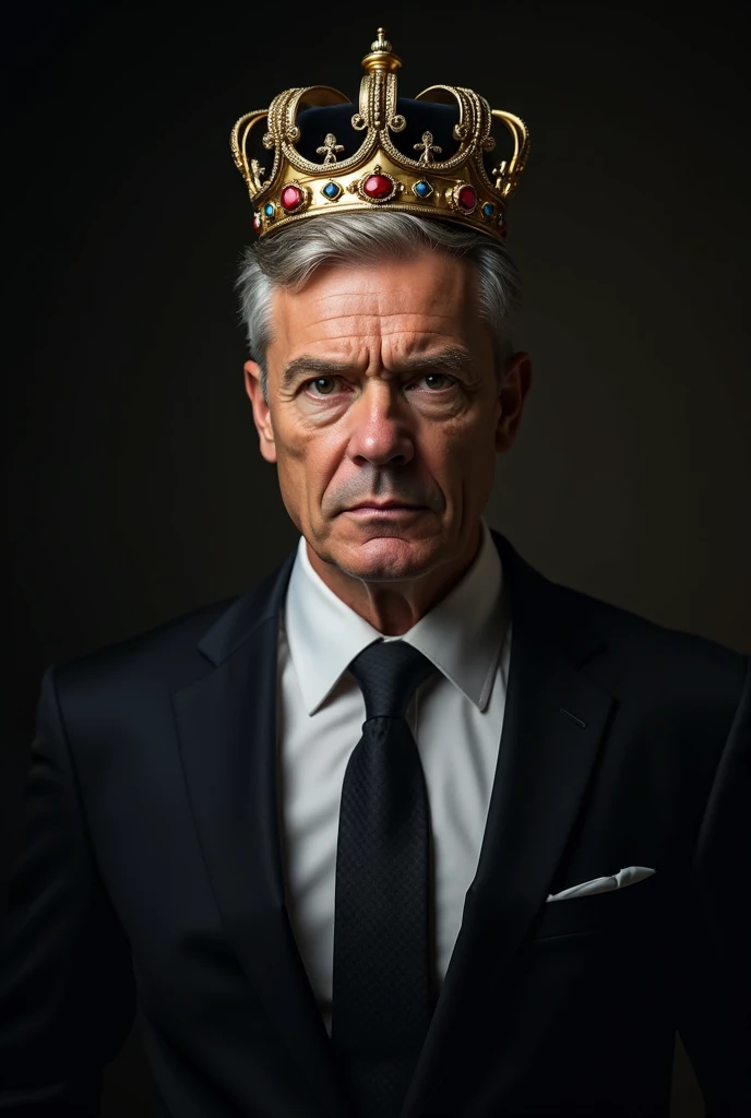Create a business photo of an imposing gentleman with a crown and black ...