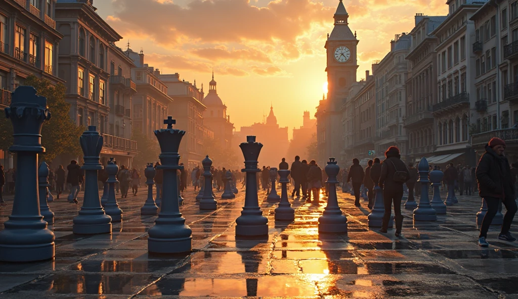 Multi-level city square at sunset: people go up and down the stairs ...