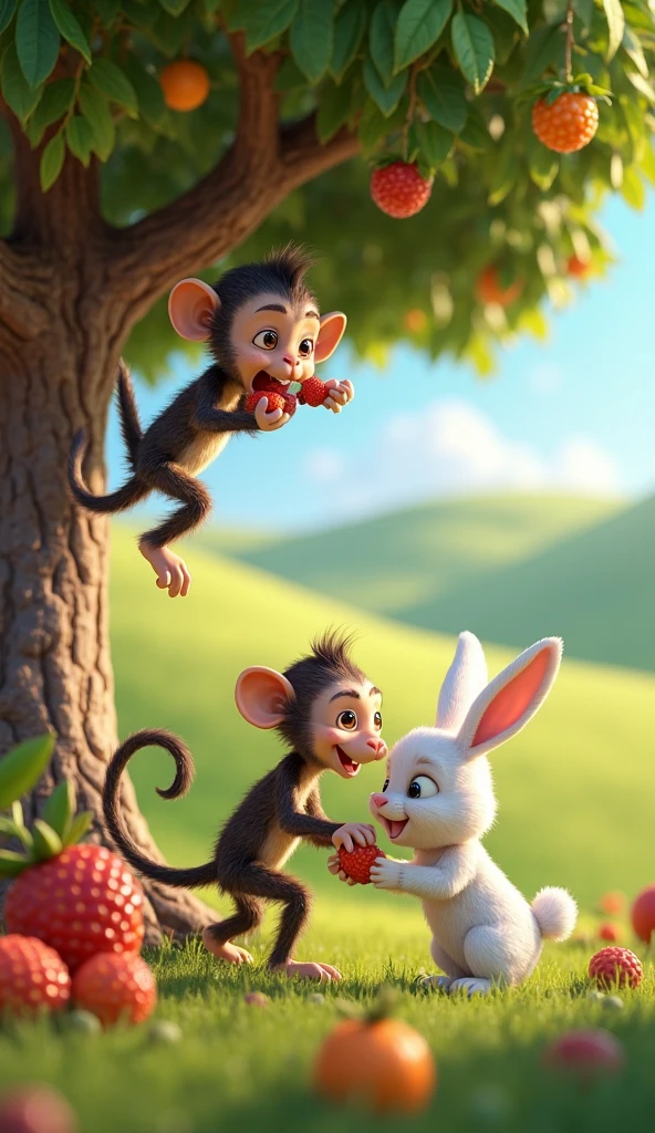 The greedy slim monkey climbs a tree full of fruits, stuffing his mouth ...