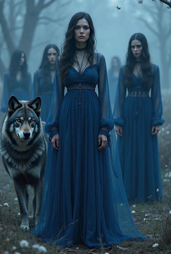 Make the dresses sheer and a darker shade of blue, like ink blue ...