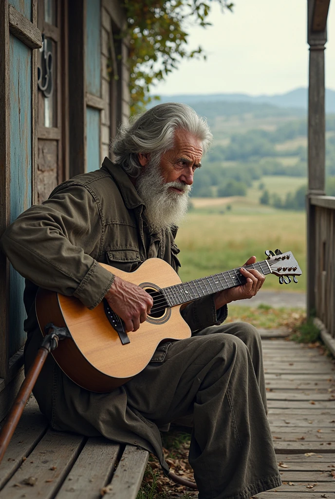 Old man with a cane playing guitar - SeaArt AI