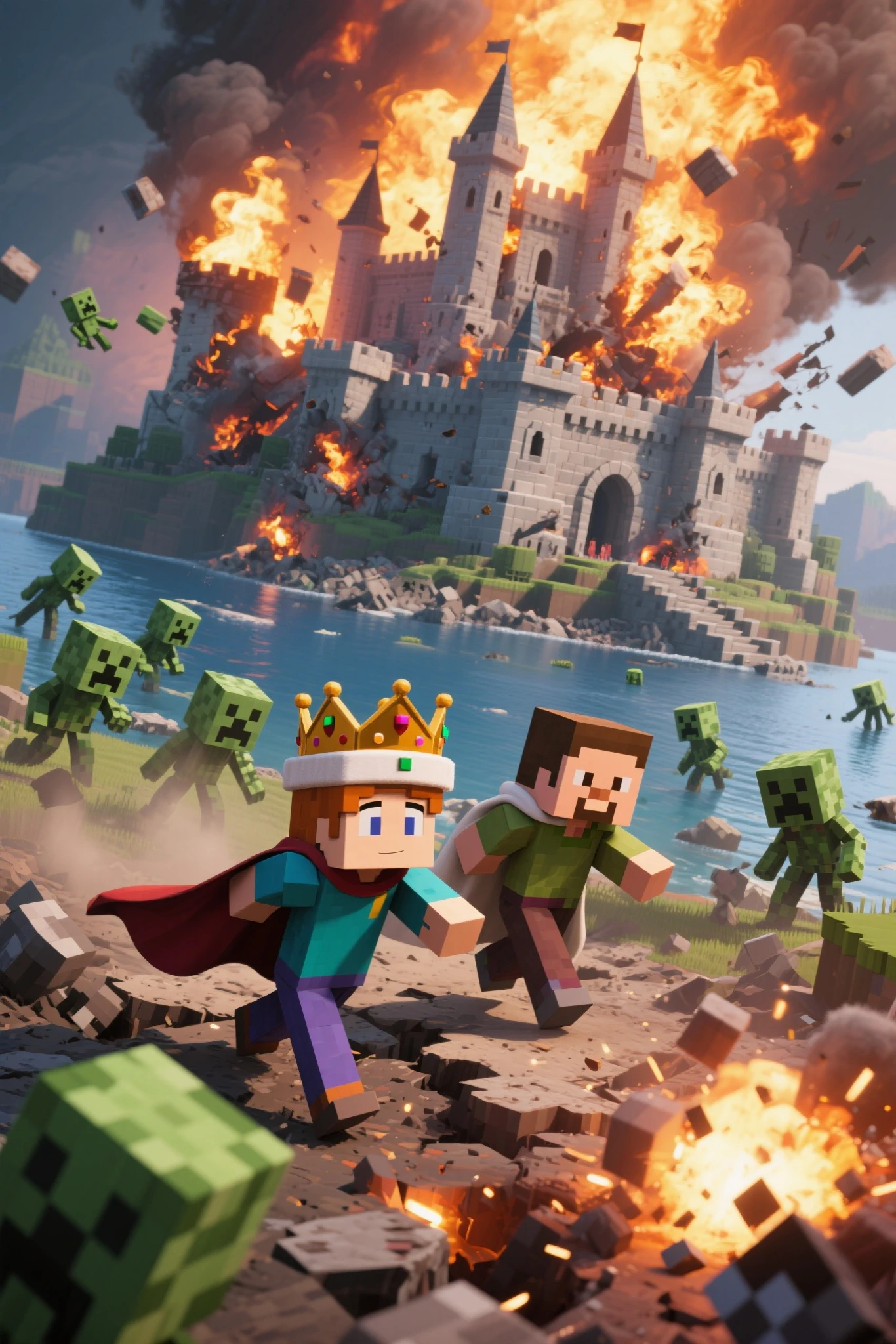 The world of Minecraft. 3D animation. Several creepers are approaching ...