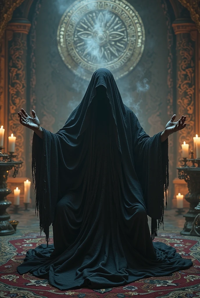 Make me a picture of a Tantric performing black magic on a veiled sheil ...