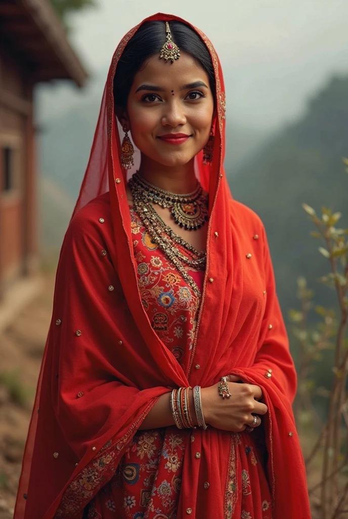 Make the image of nepali wome nwearing red sari with nepali indigeneous ...