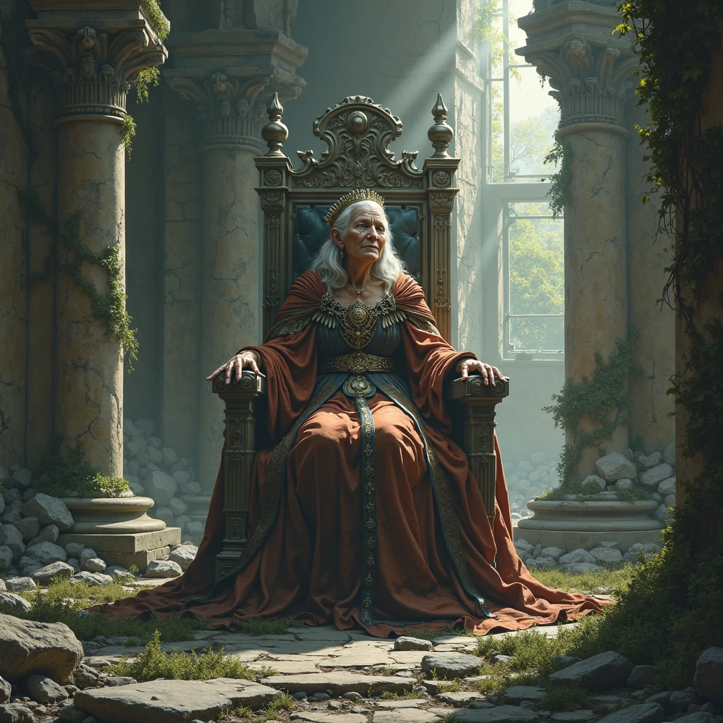 Elderly queen sits on her stone throne, which is slowly crumbling while ...