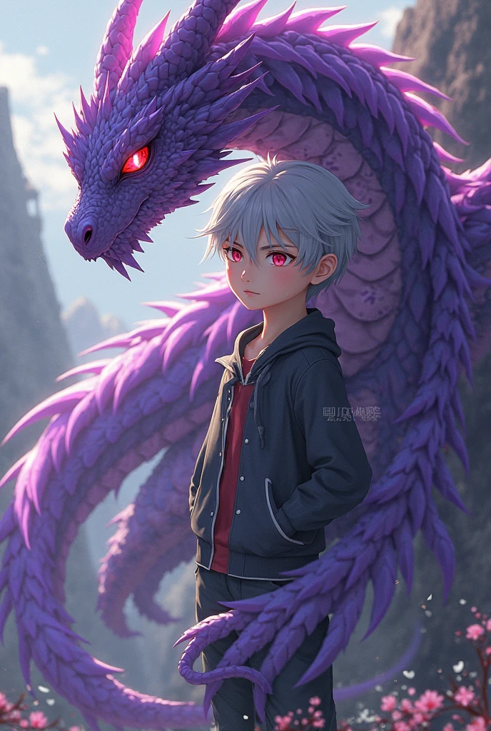 إAn anime young boy with gray hair and two red eyes; his upper half is ...