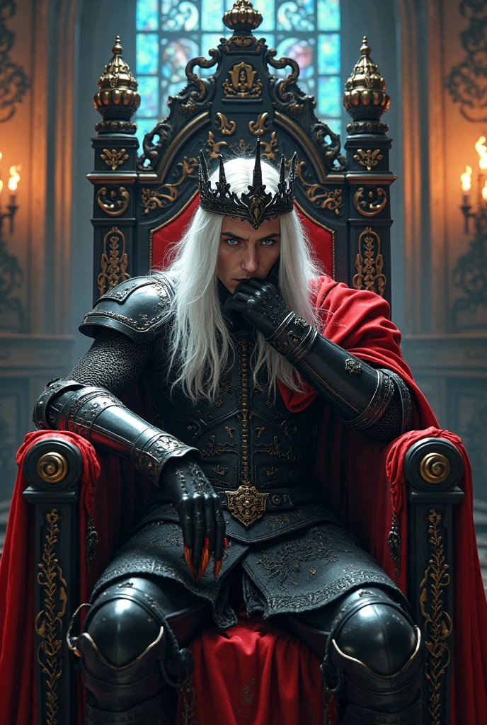 A handsome young prince from hell man and majestic, sitting on a Gothic ...