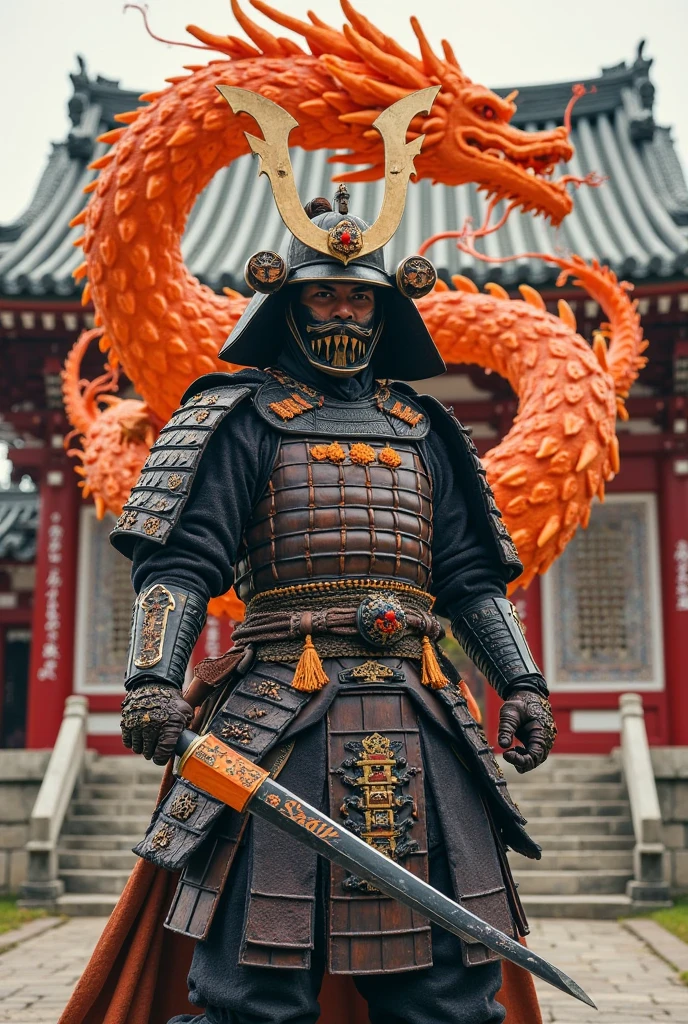 A Samurai wearing dragon armor with an orange, dragon-shaped aura ...