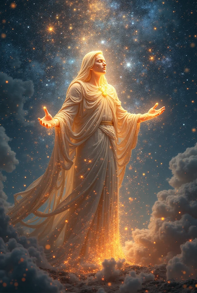 A glowing divine figure standing in the cosmos, stars swirling around ...