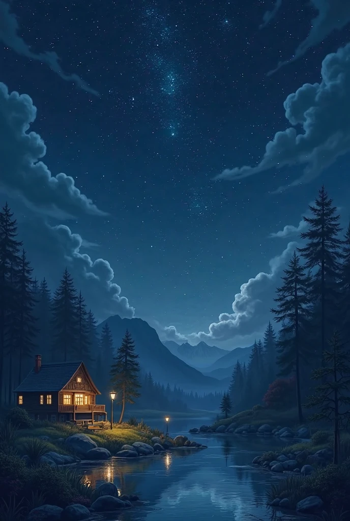 A midnight scenery with stars in the sky and a house and a river ...
