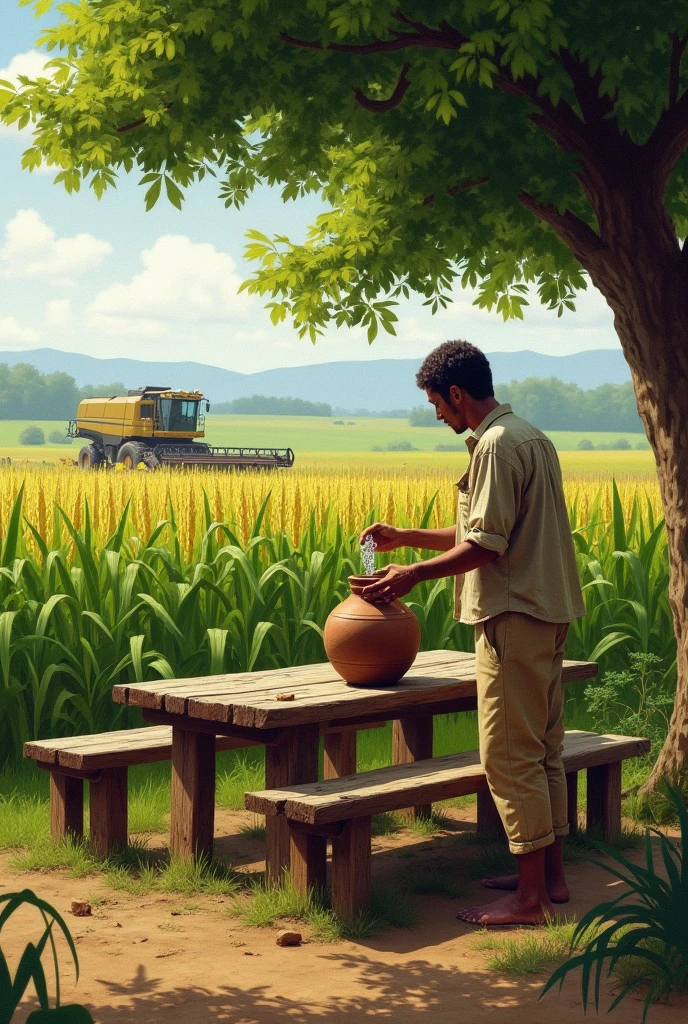 Create the image of a farm where you can see a large corn plantation ...